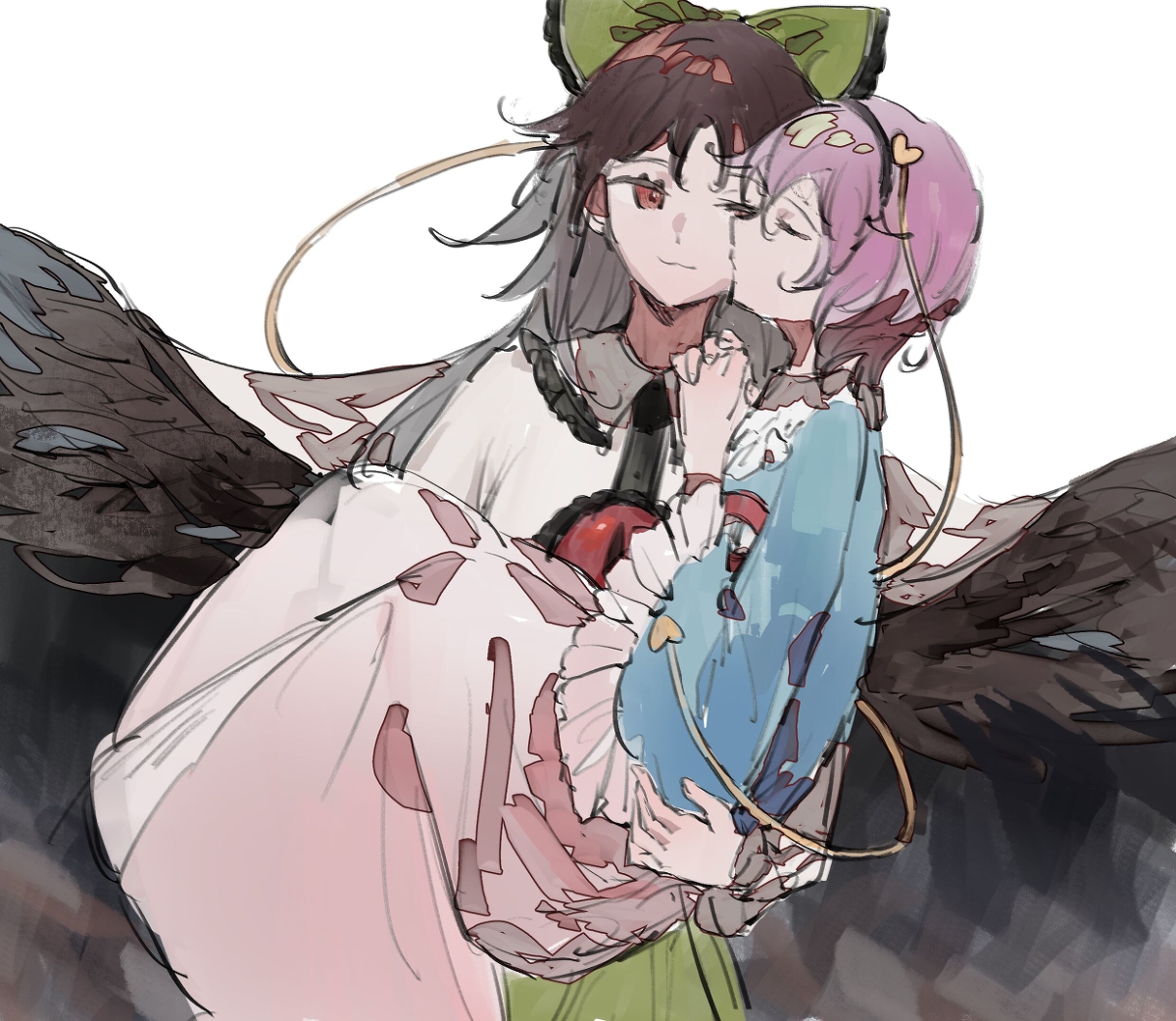 Safebooru - 2girls bird wings bow chocolate (jitong) green bow green skirt kiss komeiji satori ...